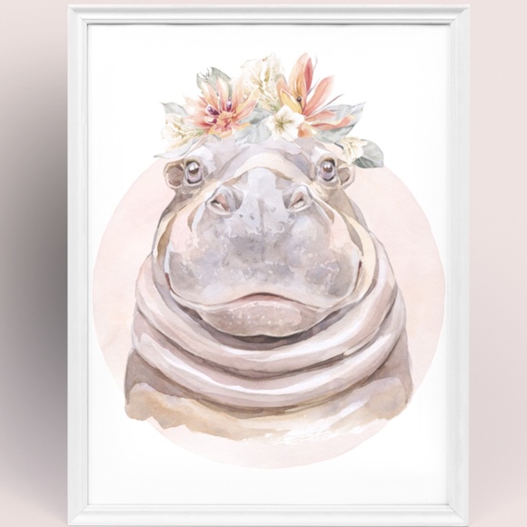 Art | Watercolor Floral Hippo Wall Art Illustration Print Poster Card ...